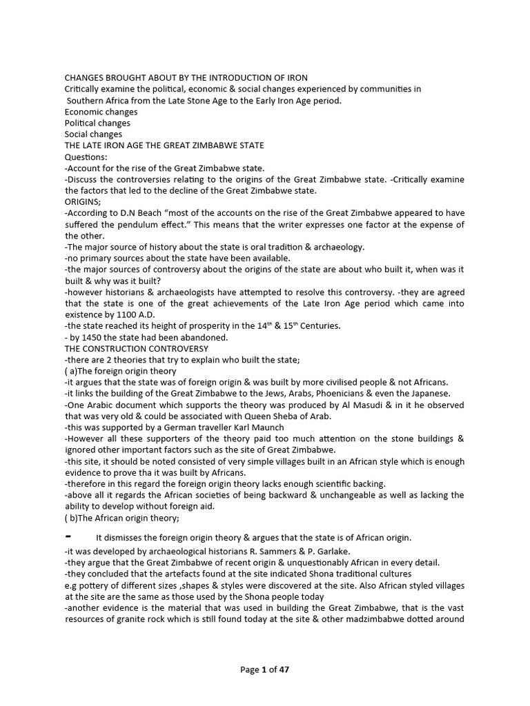 Zimbabwean - History - DETAILED - NOTES by Dylan Simphiwe Ncube | PDF