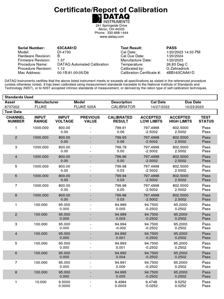 DATAQ Calibration 63CAA61D 12020231433 | PDF | Calibration | Computing