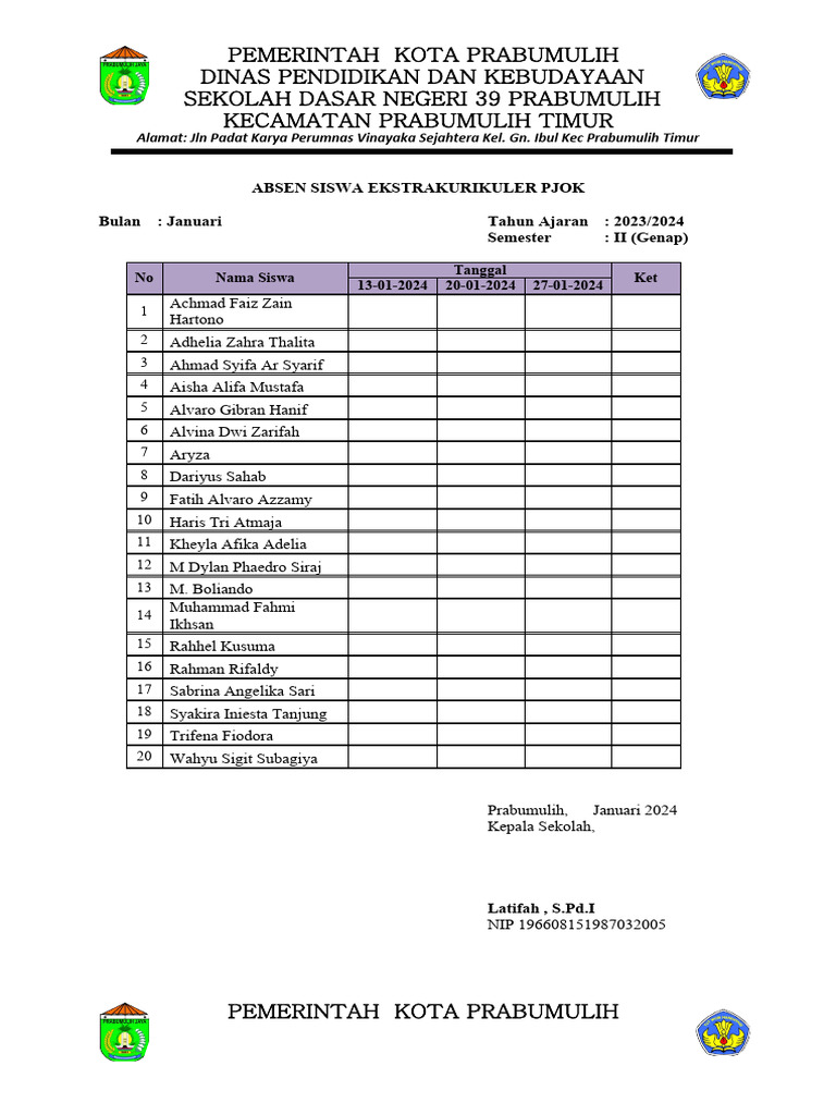 Absen Siswa Eskul Pjok Januari Aoril 24 | PDF