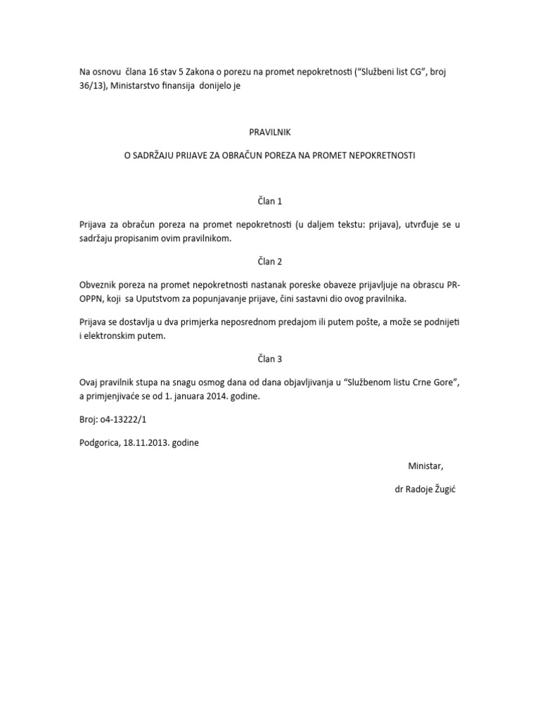 Pravilnik o Sadržaju Prijave Za Obračun Poreza Na Promet Nepokretnosti ...