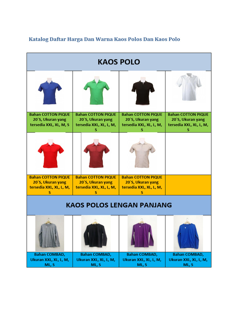 Katalog Daftar Harga Dan Warna Kaos Polos Dan Kaos Polo Kaos Polos Lengan Panjang | PDF