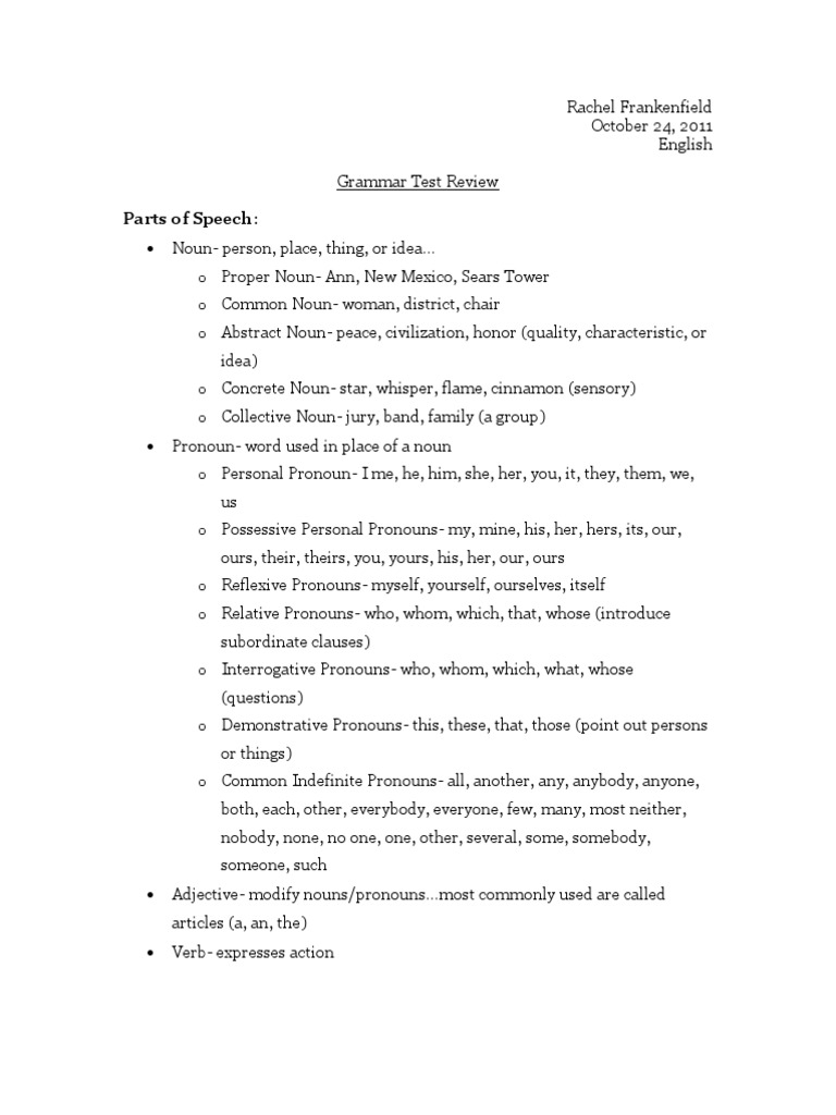 Grammar Test Review: Parts of Speech | PDF | Pronoun | Verb