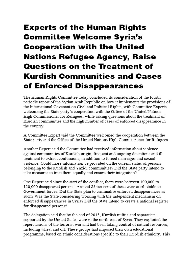Experts of The Human Rights Committee Welcome Syria Stressing The Need ...