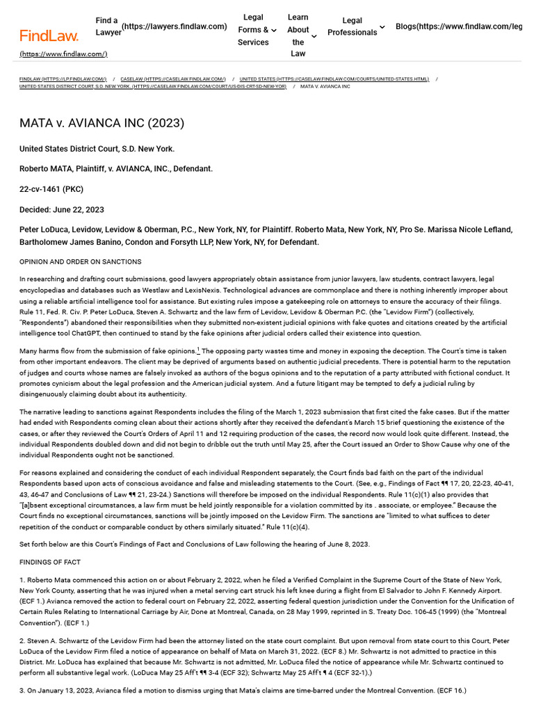 Mata v. Avianca Sanctions Ruling (2023) | PDF | Federal Rules Of Civil ...
