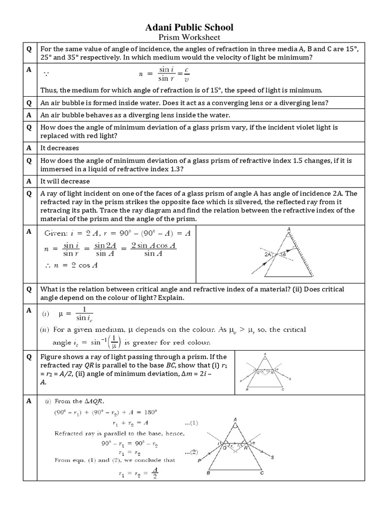 Prism Questions Class 12 | PDF | Refraction | Refractive Index