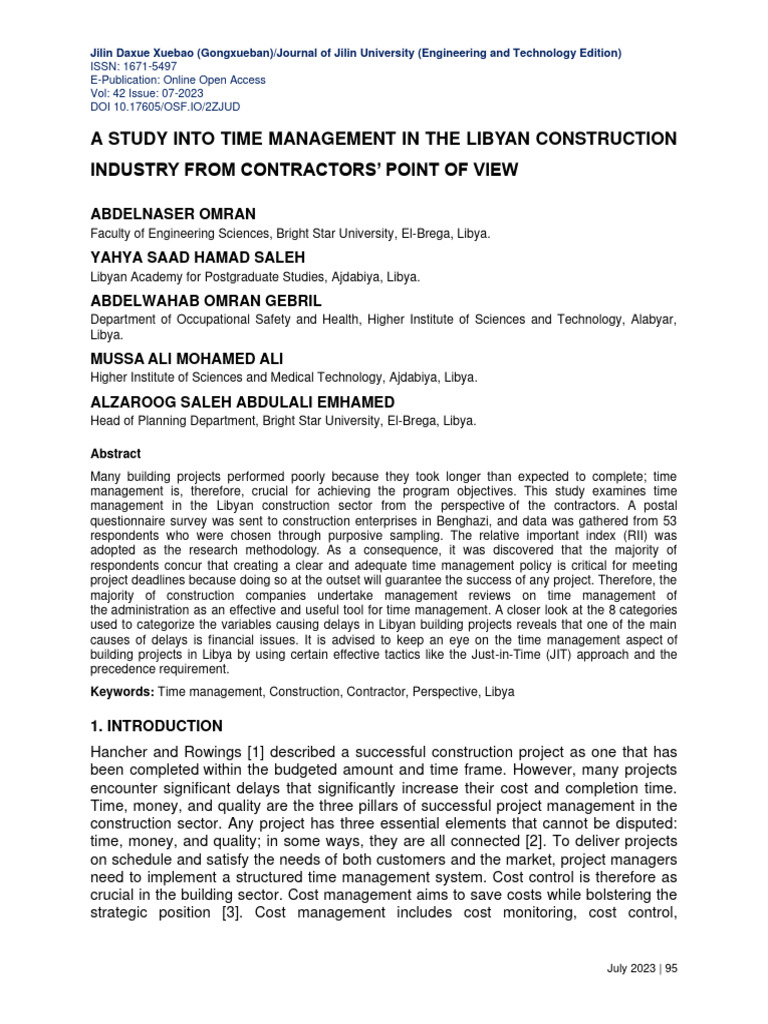 A STUDY INTO TIME MANAGEMENT IN THE LIBYAN CONSTRUCTION Industry | PDF ...