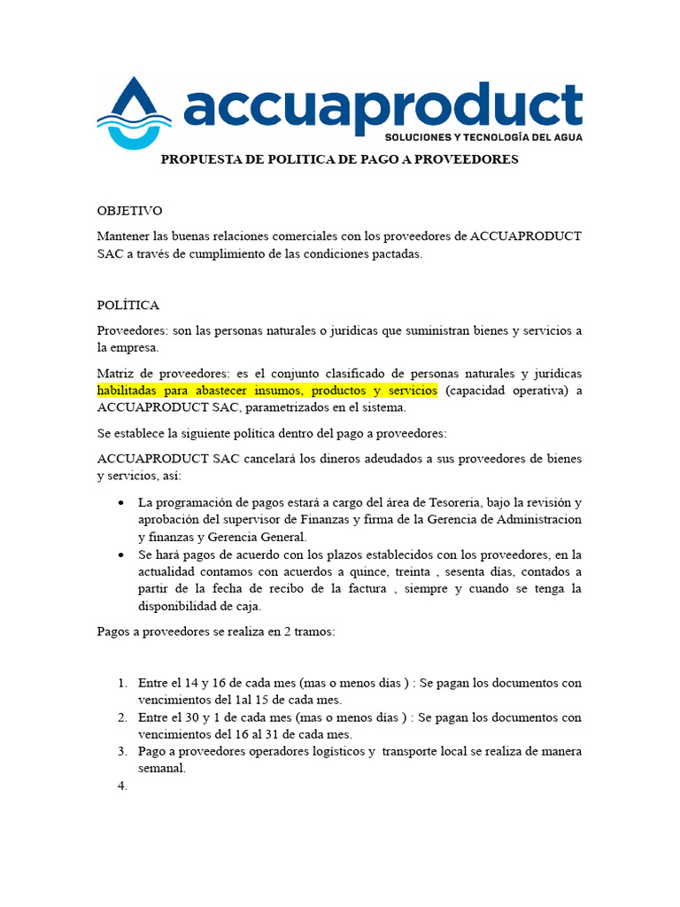 Política de Pago a Proveedores ACCUAPRODUCT | PDF | Business | Economias