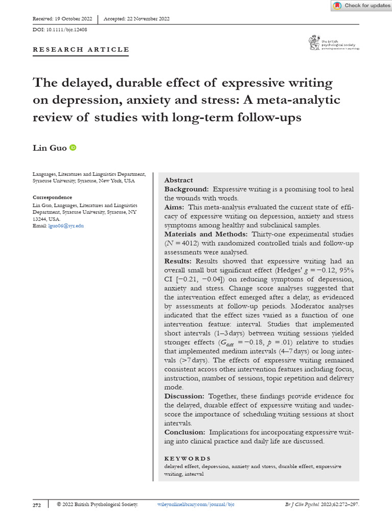 British J Clinic Psychol 2022 Guo The Delayed Durable Effect of ... British J Clinic Psychol 2022 Guo The Delayed Durable Effect of ...