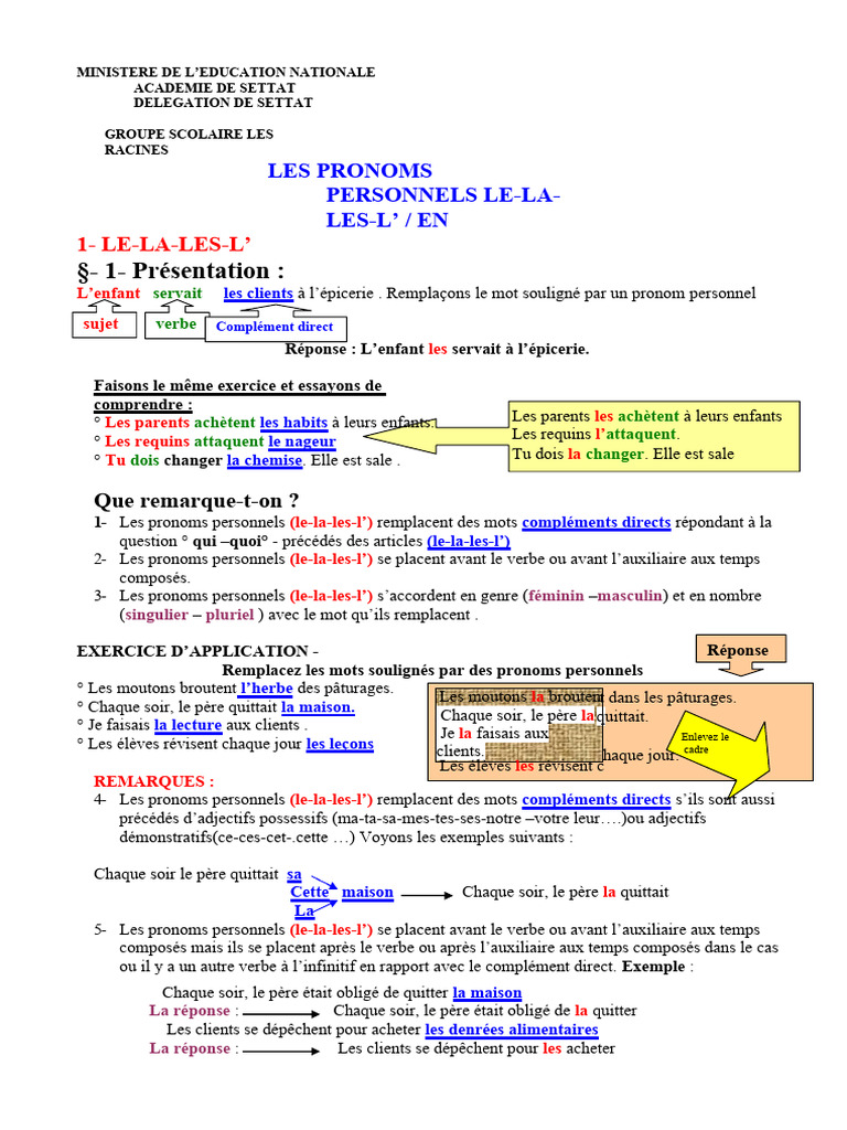 Les pronoms personnels en français | PDF | Genre grammatical | Pronom