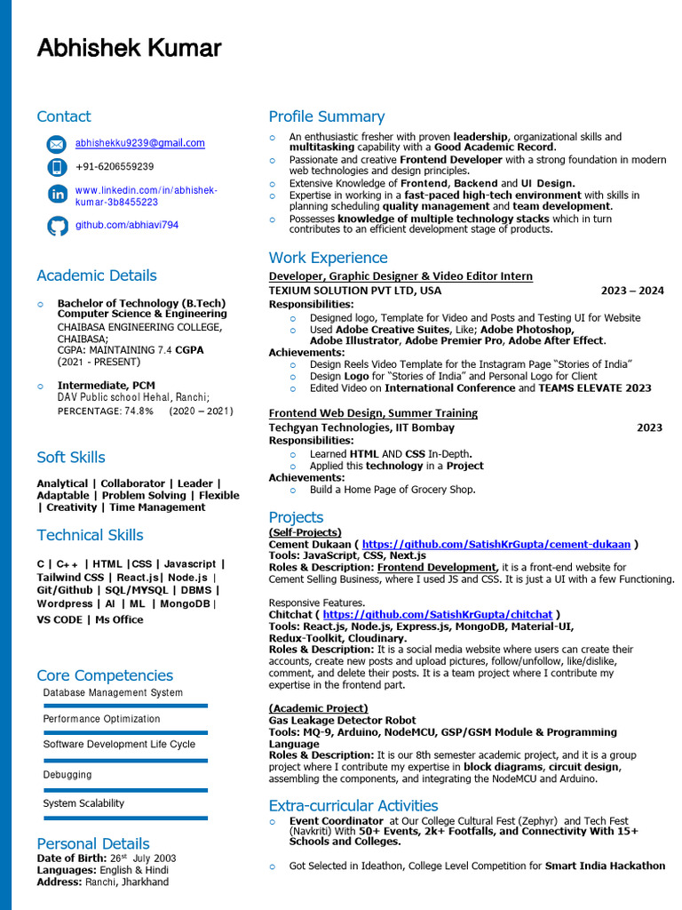 Resume Template For Freshers and Cse Field Students | PDF | Databases | Software