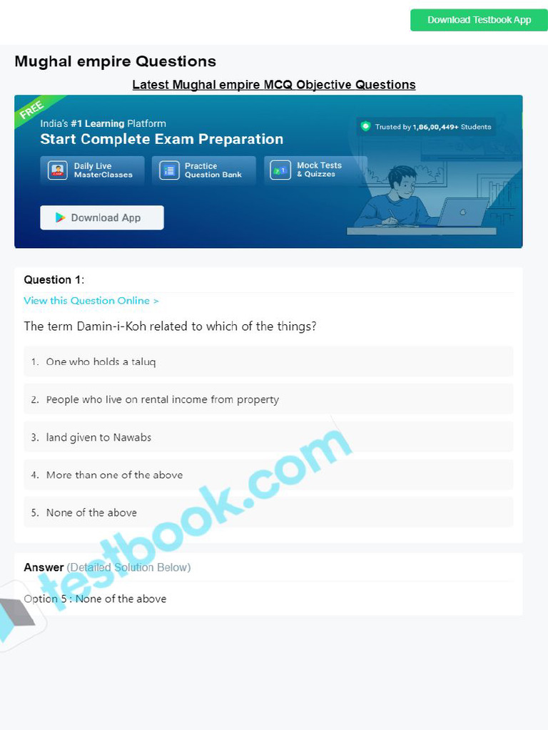 MCQ On Mughal Empire 5eea6a1239140f30f369ec1d | PDF