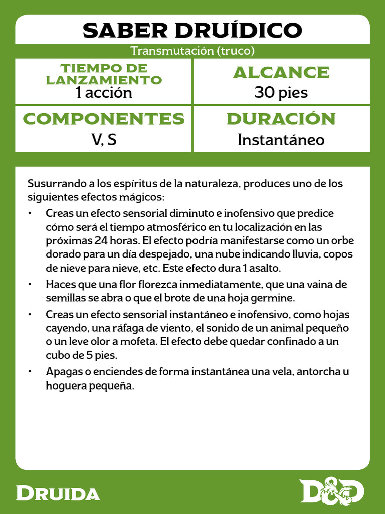 D&D5esp - Cartas de Conjuros - Druida | PDF | Telaraña | Herida