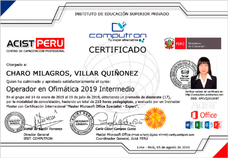 CERTIFICADO DE ESTUDIOS - MICROSOFT OFFICE | PDF