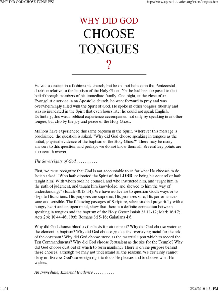 Why Did God Chose Speaking in Tongues? | PDF | Baptism With The Holy ...