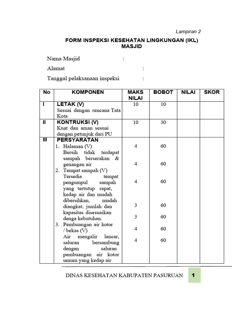Form Inspeksi Kesehatan Masjid | PDF