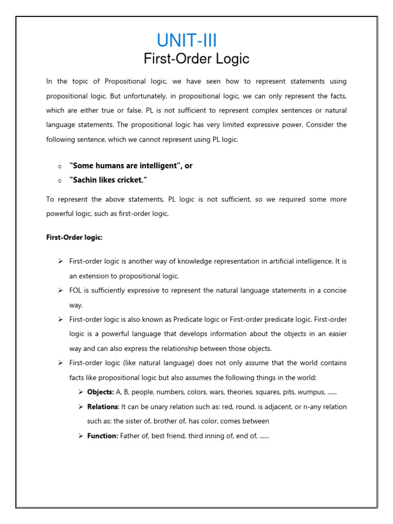 3.iai Unit-III First-Order Logic | PDF | First Order Logic | Interpretation (Logic)