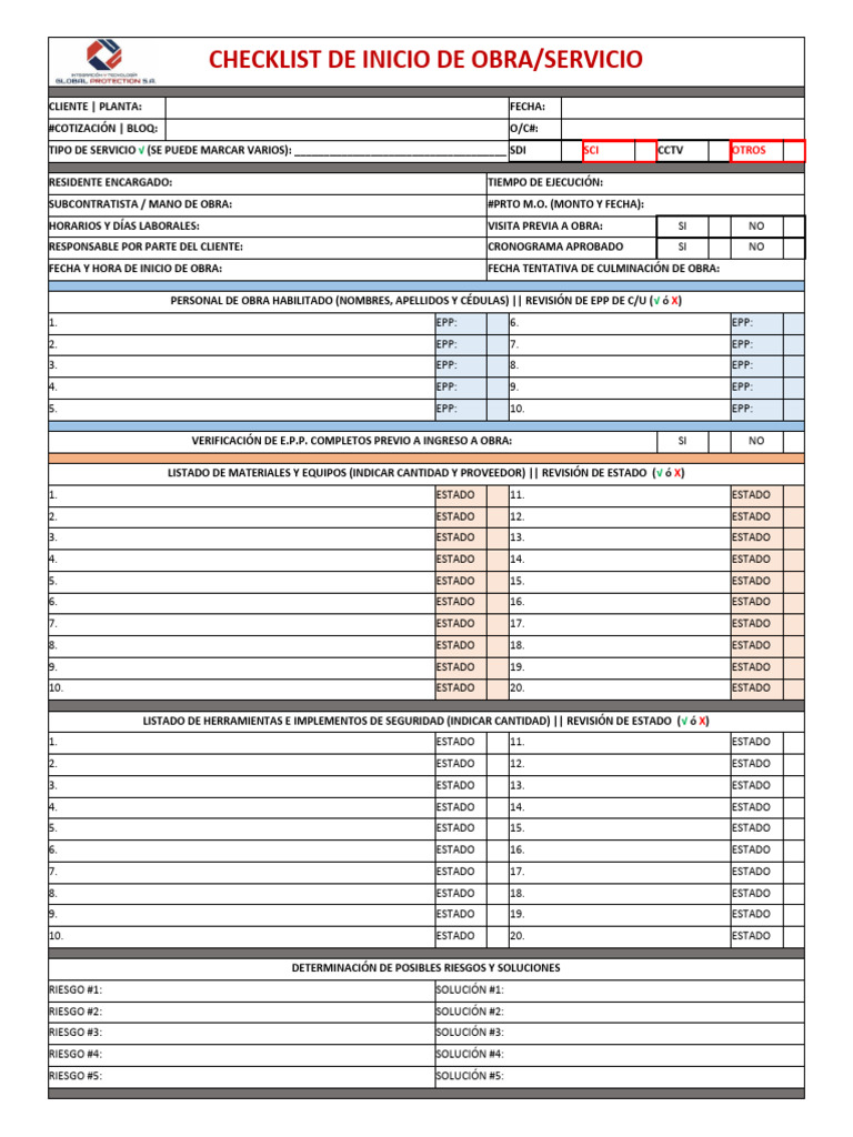 Checklist Inicio de Obra - GP | PDF