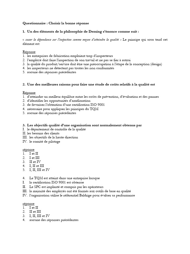 Exercices QCM Qualité 1 - Mars 2022 - V1 | PDF | Audit | Direction
