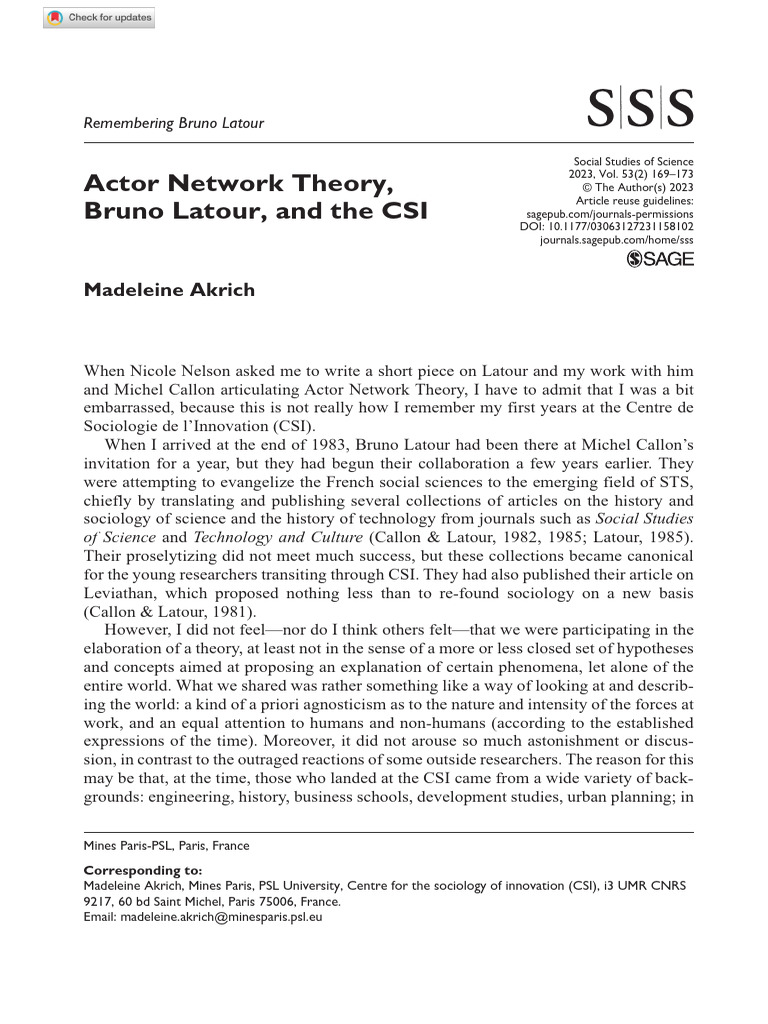 Akrich (2023) Actor Network Theory, Bruno Latour, and The CSI | PDF ...