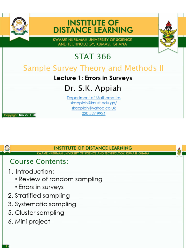 STAT 366 - Sample Survey Theory and Methods II - Lecture 1 | PDF | Sampling (Statistics ...