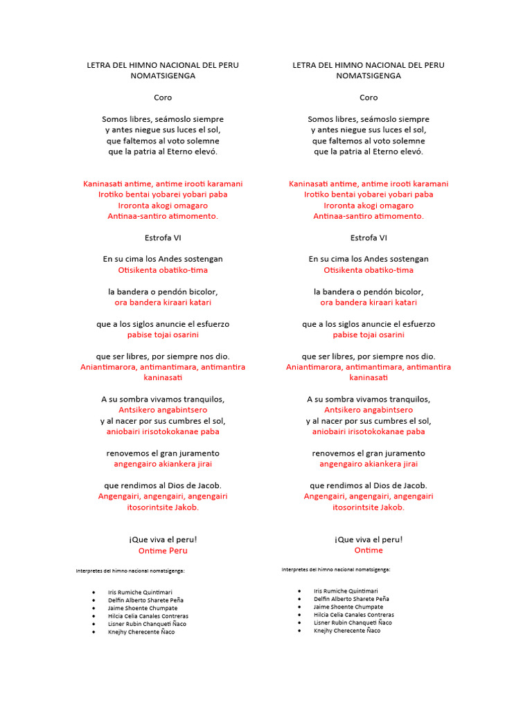 Letra Del Himno Nacional Del Peru Nomatsigenga | Descargar gratis PDF ...
