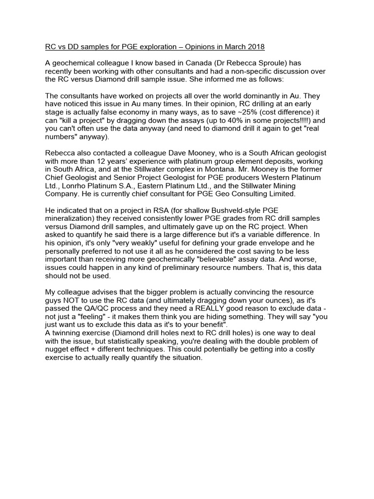 RC Vs DD Samples For PGE Exploration | PDF