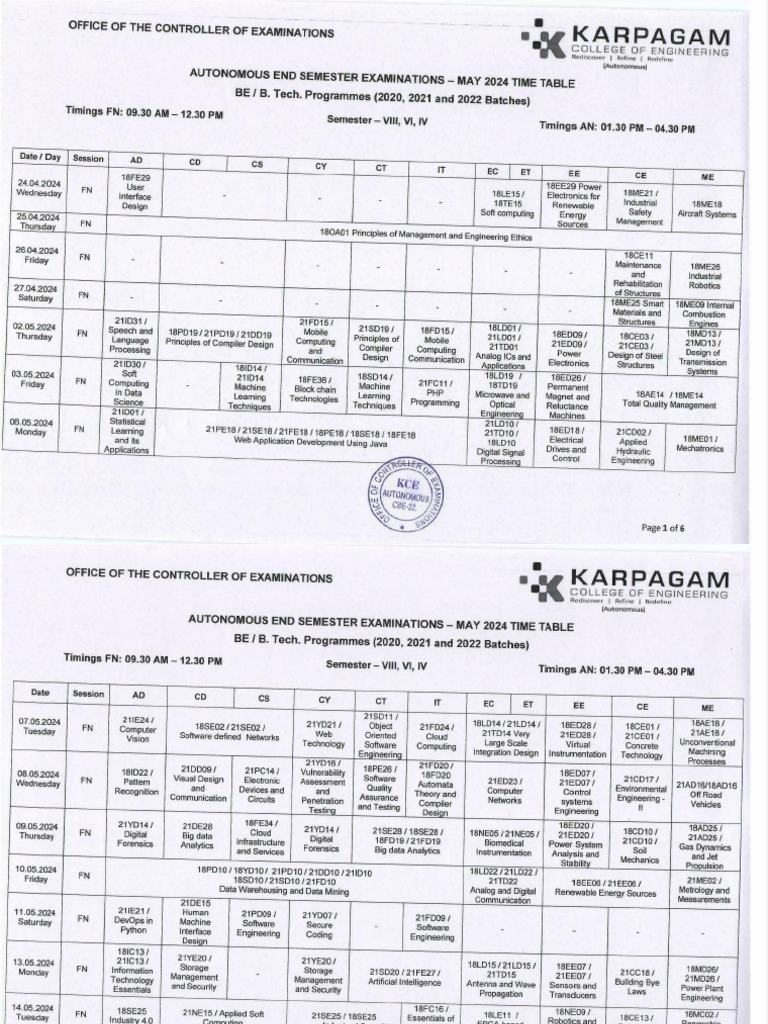2020 2021 and 2022 Batches of UG Time Table | PDF