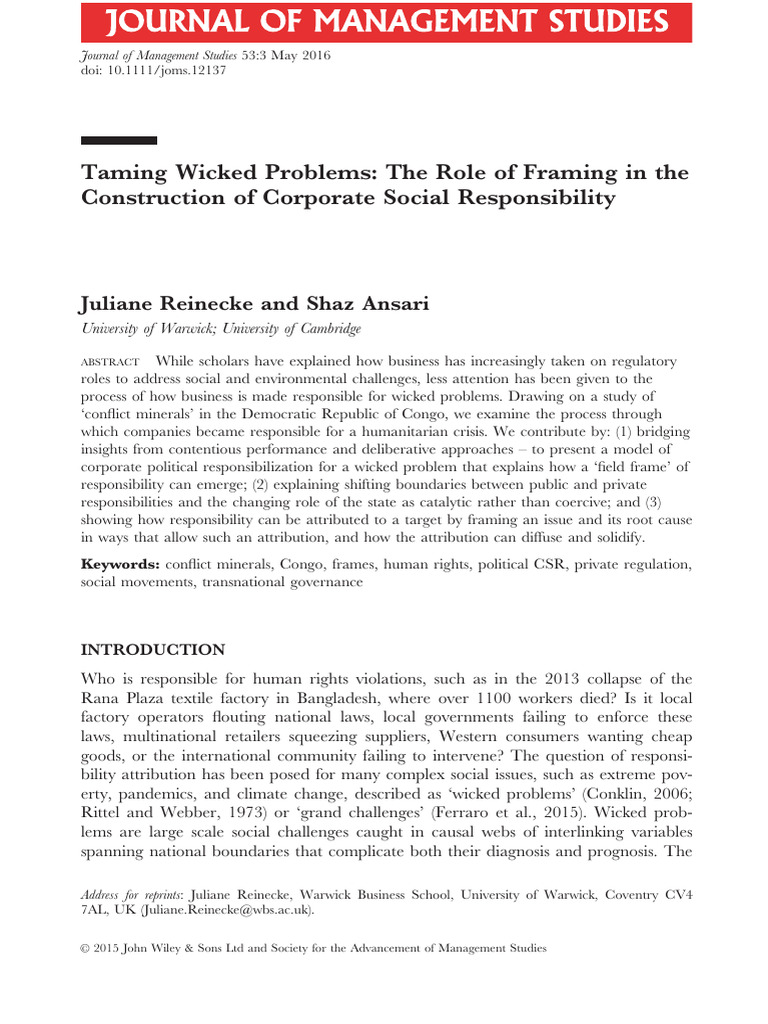 Taming Wicked Problems The Role Of Framing In The Construction Of