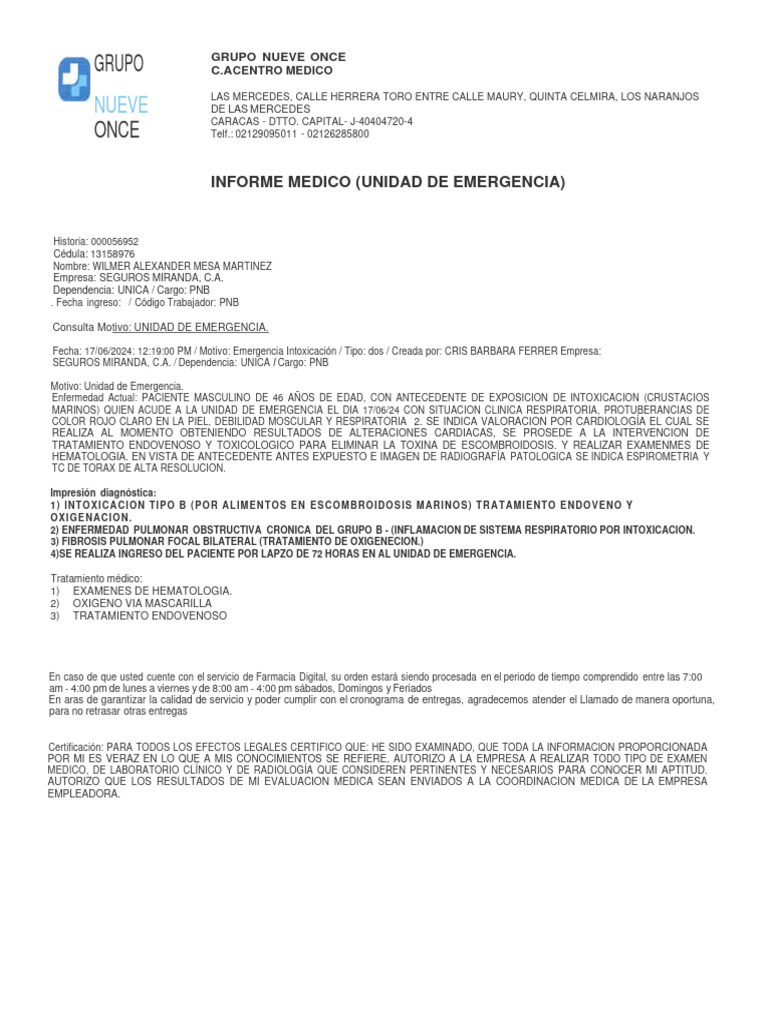 Informe | PDF | Medicina CLINICA | Especialidades Medicas