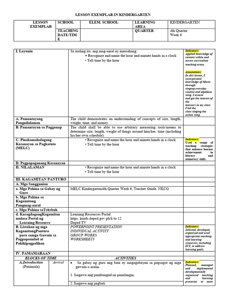 Lesson Plan With Indicators and Annotations Week 6 | PDF | Learning ...