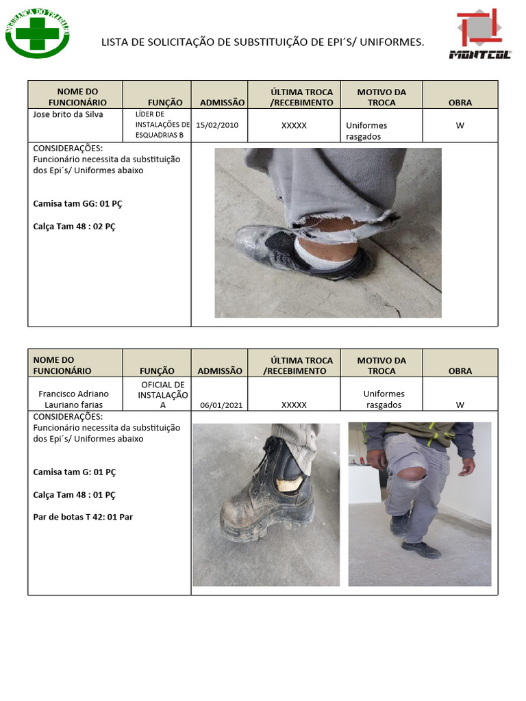 Lista de Solicitação de Substituição de Epi S Uniformes 03.11.22 | PDF