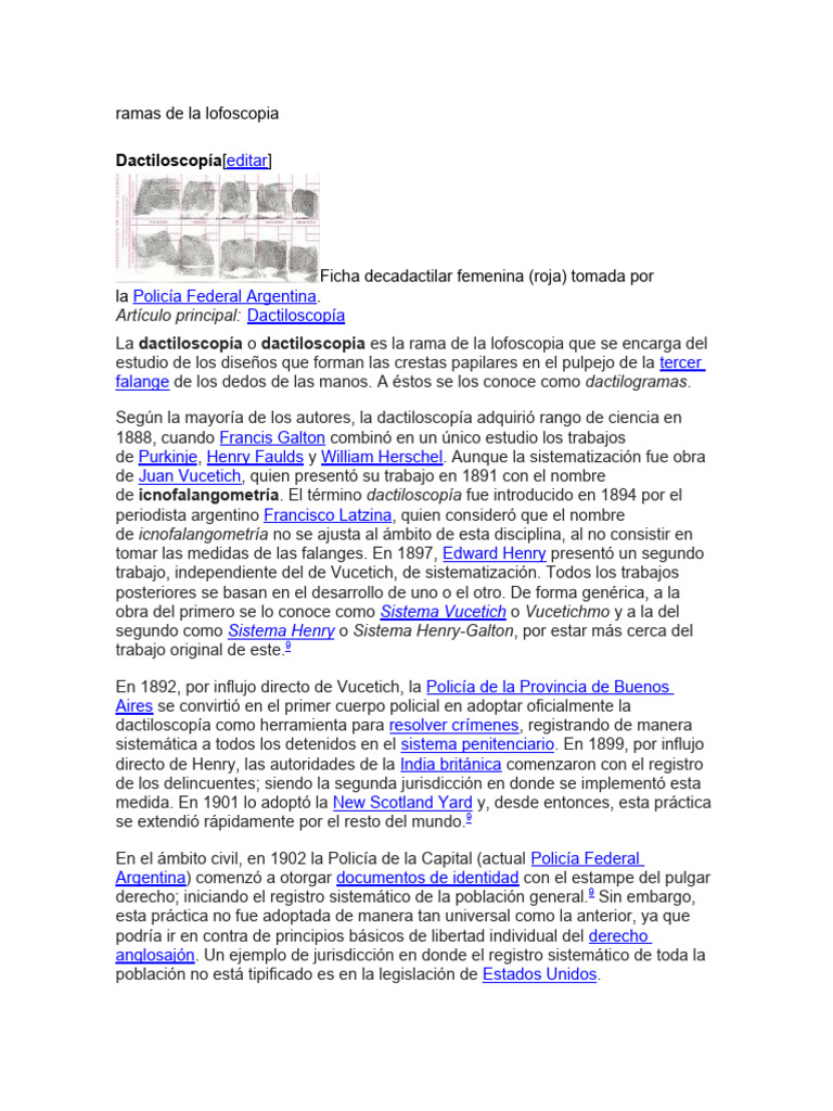 ramas de la lofoscopia | PDF | Huella dactilar | Biometría ramas de la lofoscopia | PDF | Huella dactilar | Biometría