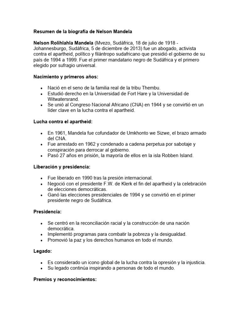 Resumen de la biografía de Nelson Mandela | PDF