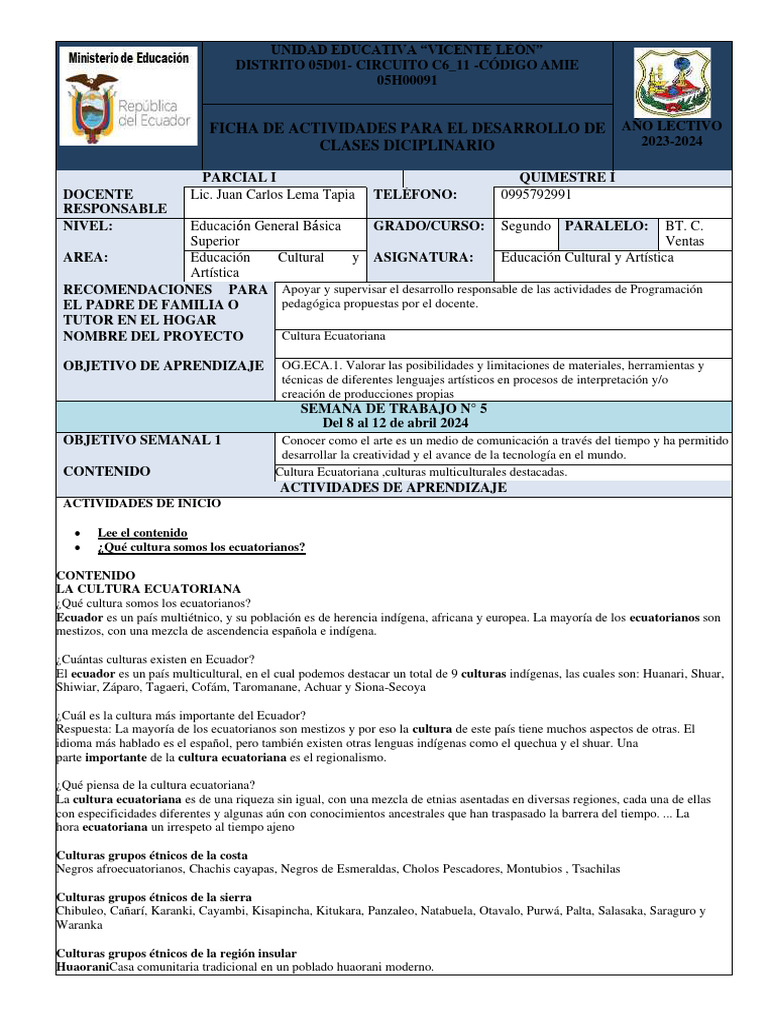 Ficha Ped 2do Inf ECA 3ertrim | PDF | Ecuador