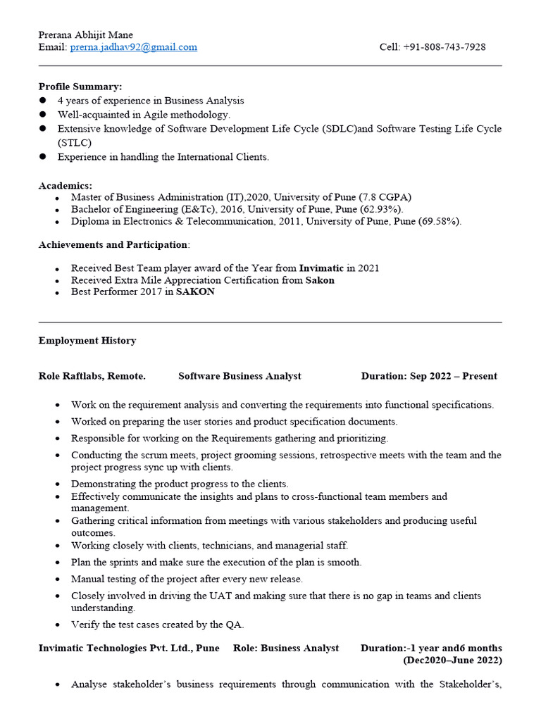 Prerana - Business Analyst | PDF | Software Development Process | Computing