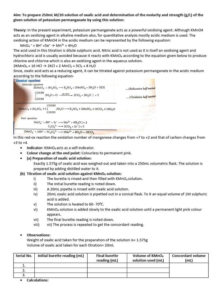 Aissce Oxalic Acid Vs Kmno4 | PDF | Titration | Chemistry