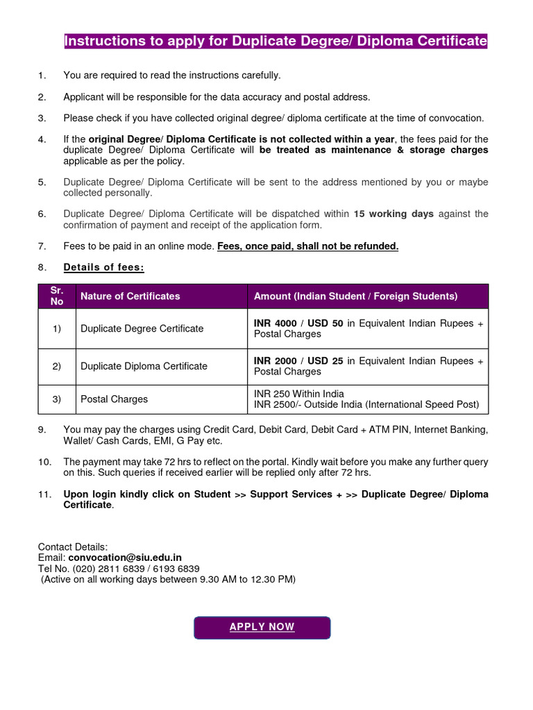 Instructions To Apply For Duplicate Degree or Diploma Certificate | PDF