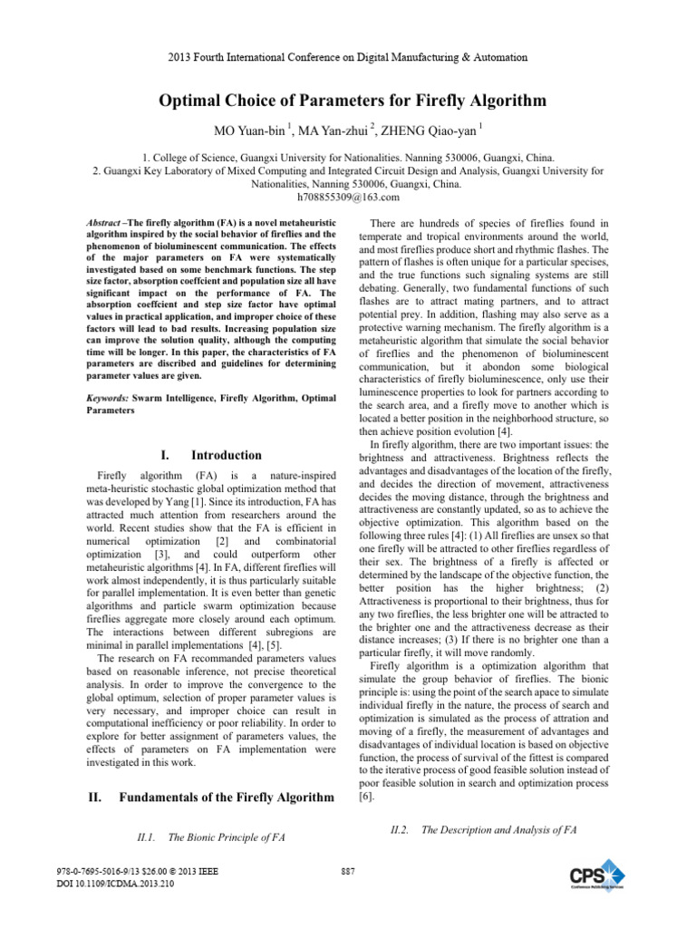 Firefly Optimal Choice of Parameters 2013 | PDF | Metaheuristic | Applied Mathematics