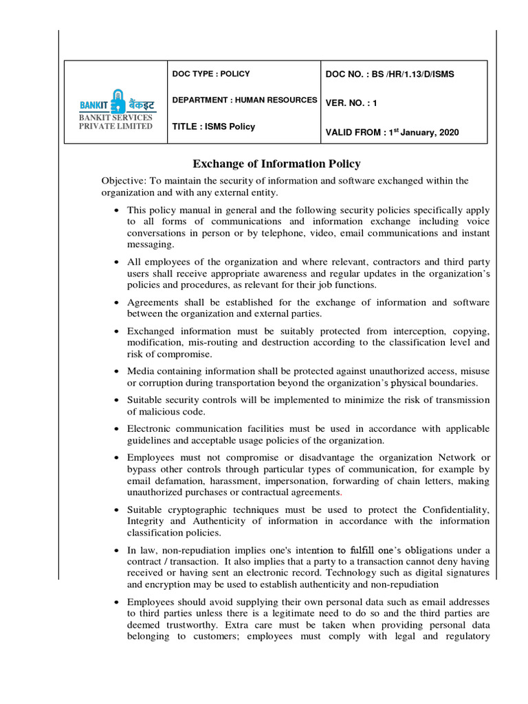 BS V 1.13 ISMS D Exchange of Information Policy | PDF | Information ...