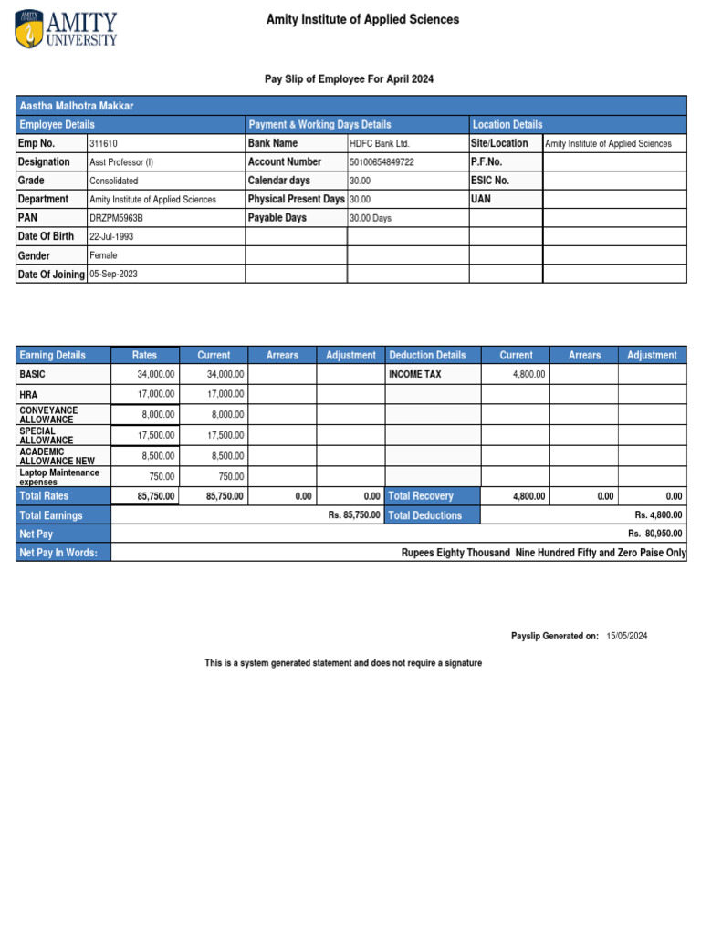 Generalized PaySlip For Employee | PDF | Paycheck | Tax Deduction