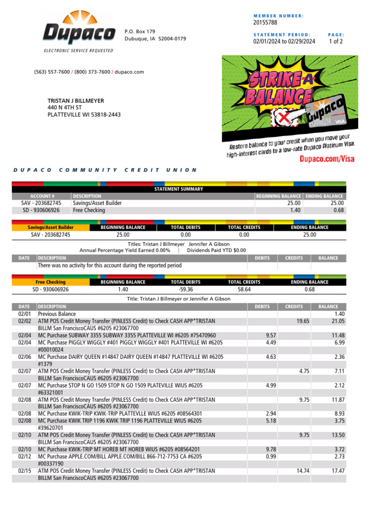 Dupaco Statement 2 29 2024 | PDF | Credit Card | Debits And Credits