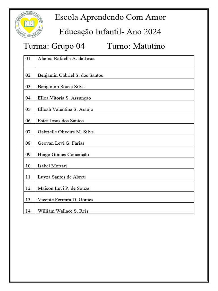 Alunos Infantil - Por Turno e Turma | PDF