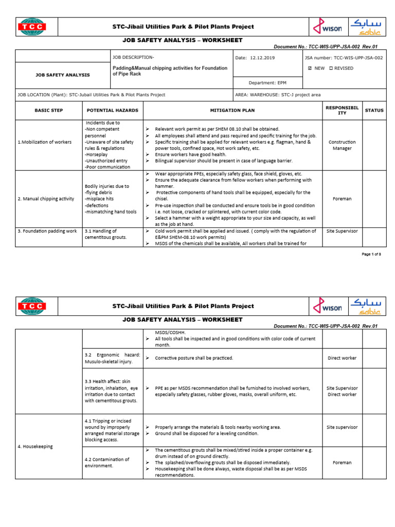 JSA-002 Rev.01 Padding&Manual Chipping For Foundation of Pipe Rack | PDF | Personal Protective ...