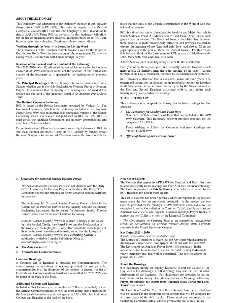 2023-2024 Anglican Lectionary Guide | PDF | Lectionary | Advent