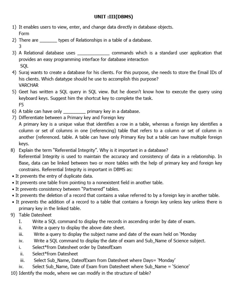 Unit 3 Dbms Extra Questions | PDF | Databases | Table (Database)