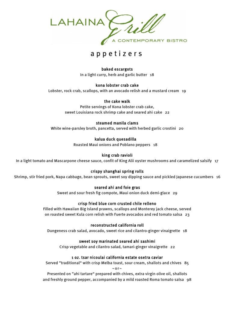 Lahaina Grill Menu | PDF | Vinaigrette | Salad