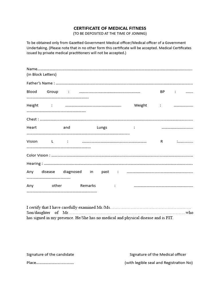 Sample Certificate of Medical Fitness | PDF