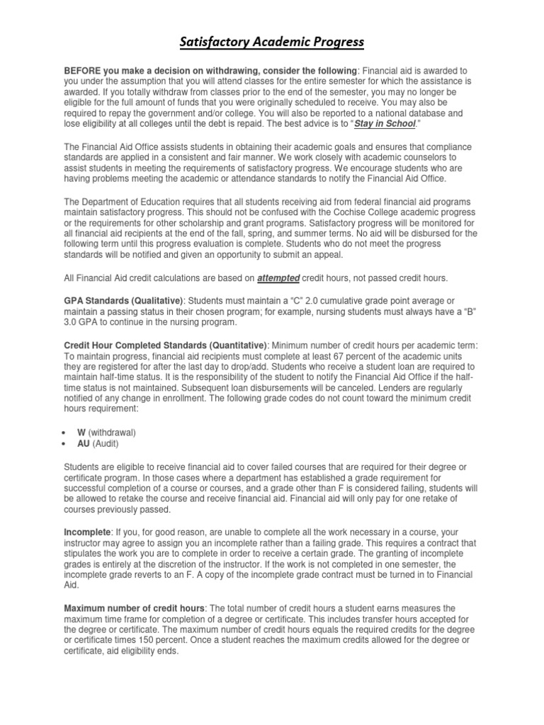 Satisfactory Academic Progress | PDF | Student Financial Aid In The ...