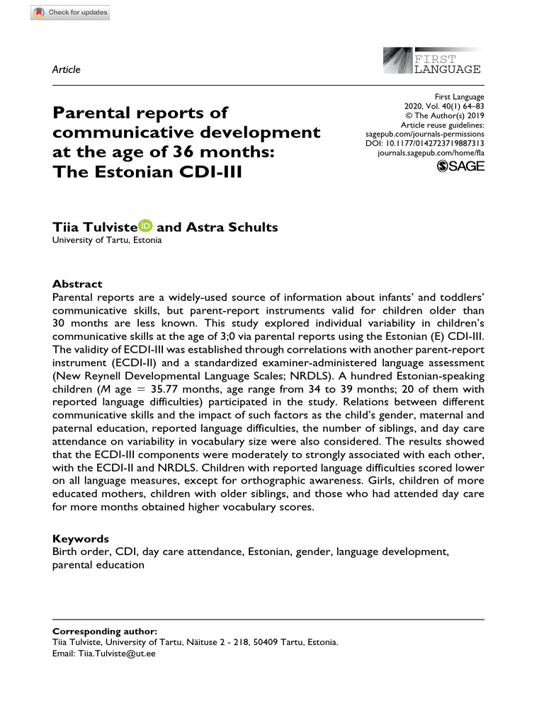Tulviste Schults 2019 Parental Reports of Communicative Development at ...
