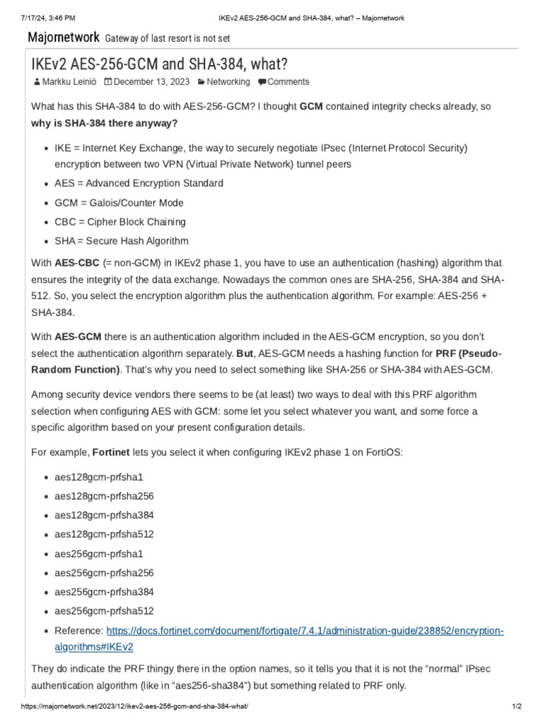 IKEv2 AES-256-GCM and SHA-384, What - Majornetwork | PDF | Data ...